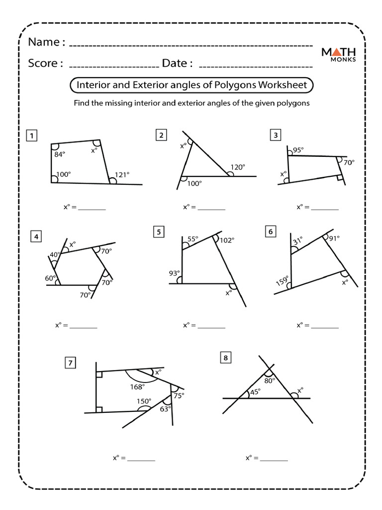 Interior and Exterior Angles of Polygons Worksheet | PDF