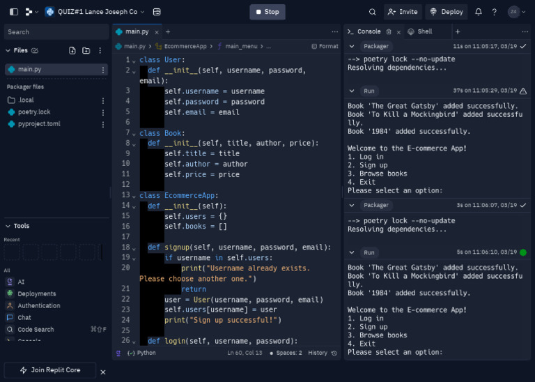 Main - Py - QUIZ#1 Lance Joseph Co - Replit | PDF | User (Computing) | Password