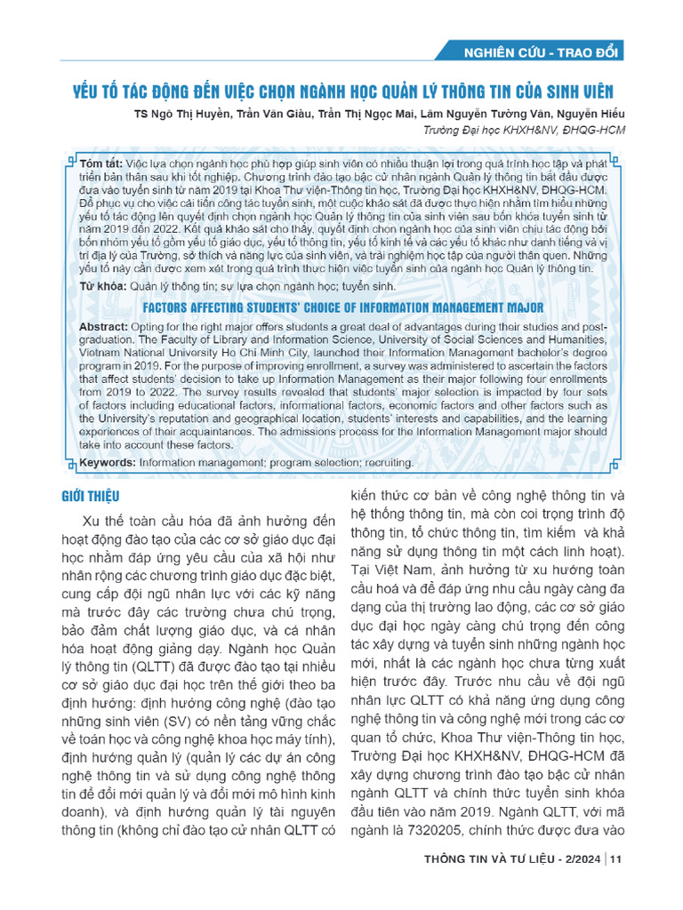 Quan điểm của Yếu tố tác động đến việc chọn ngành học quản lý thông tin của sinh viên | PDF