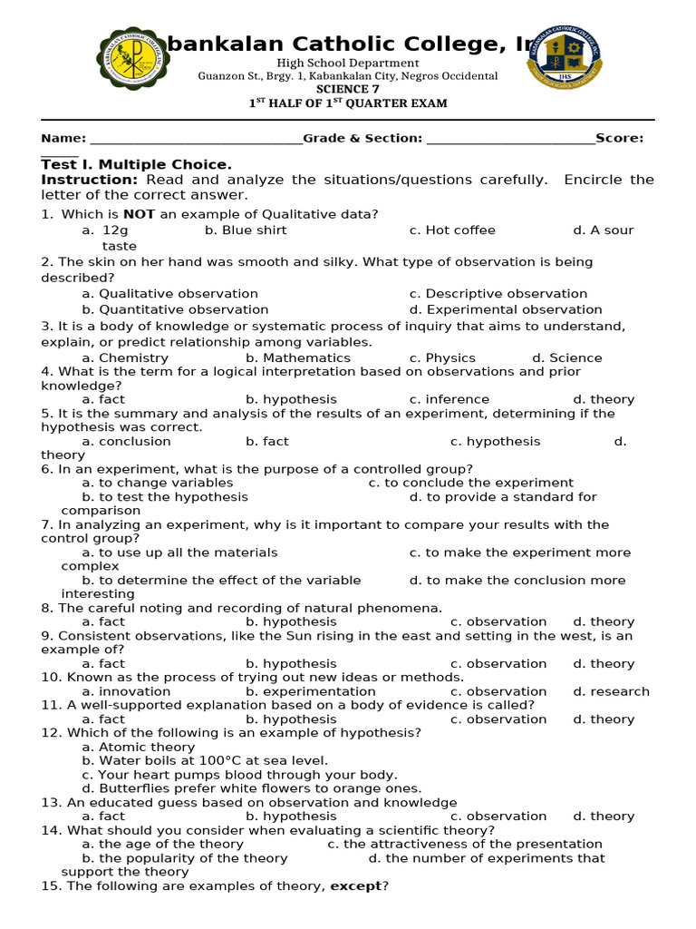 Science 7 Exam: 1st Quarter | PDF | Theory | Hypothesis
