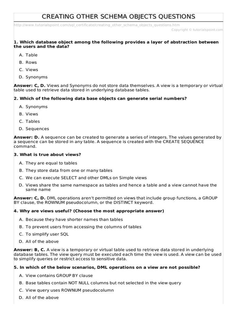 Creating Other Schema Objects Questions | PDF | Database Index | Table ... Creating Other Schema Objects Questions | PDF | Database Index | Table ...