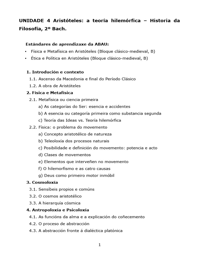 UD 4 - Aristóteles. A Teoría Hilemórfica | PDF