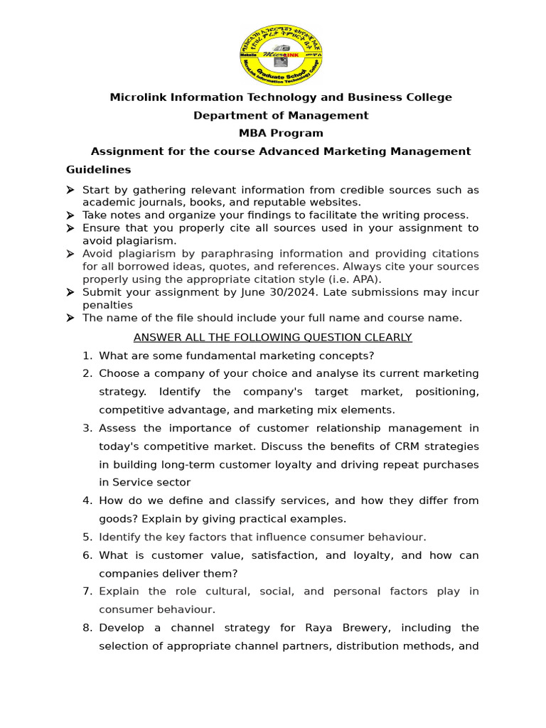 MBA Marketing Management Assignment Guide | PDF