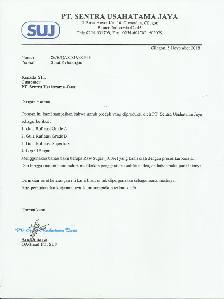 Surat Keterangan Bahan Baku Gula Rafinasi | PDF