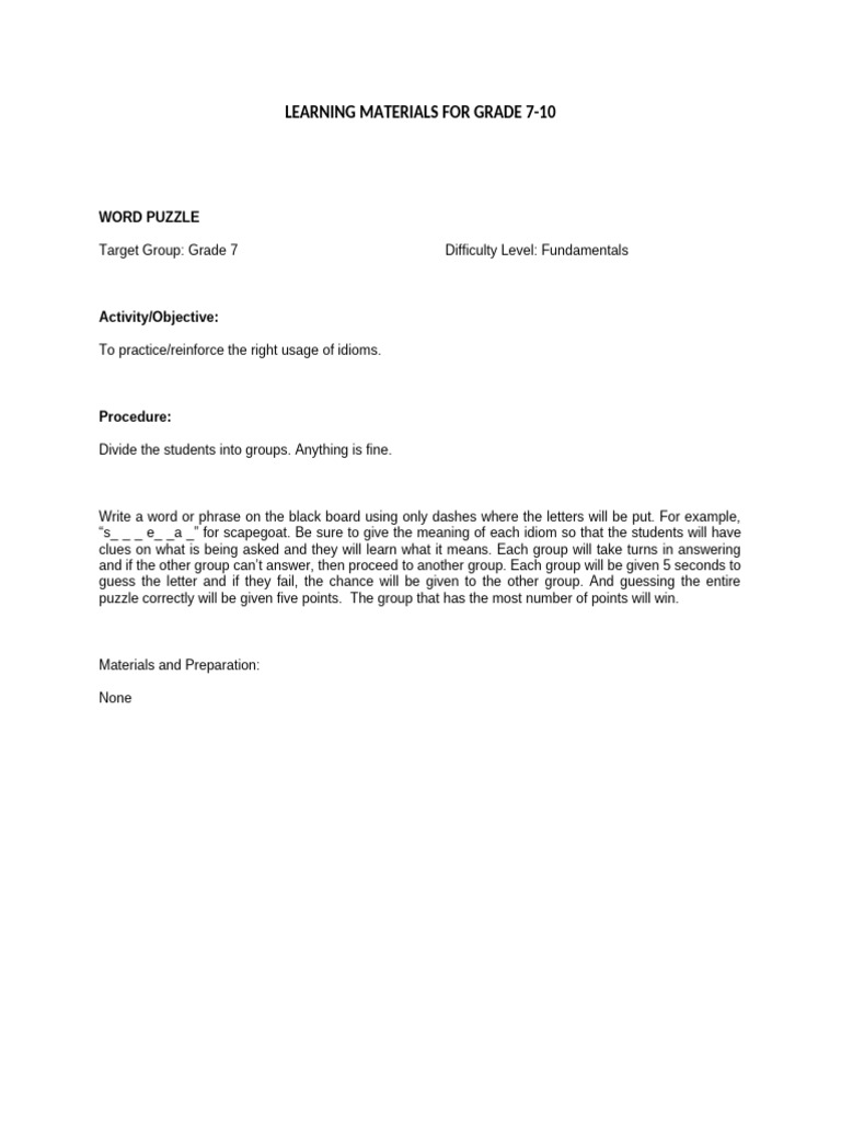 Learning Materials For Grade 7 | PDF | Idiom | Cognition