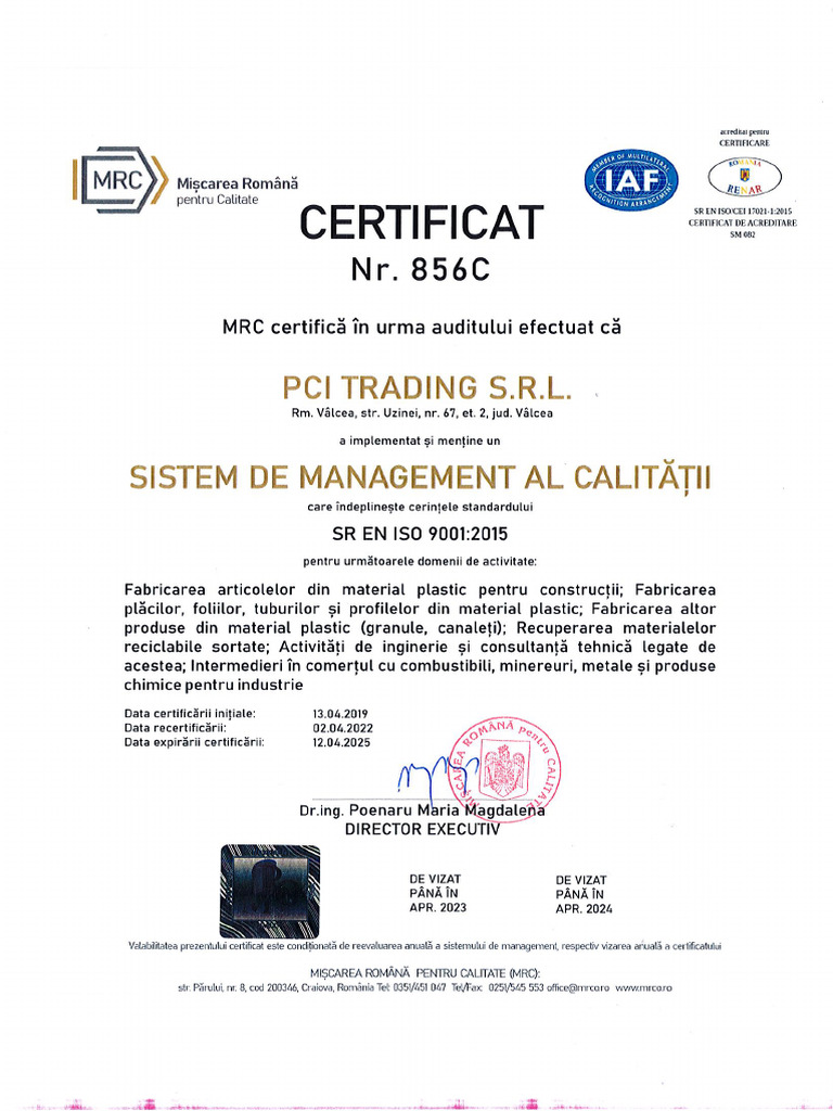 1.Certificate ISO - PCI TRADING 2022 | PDF