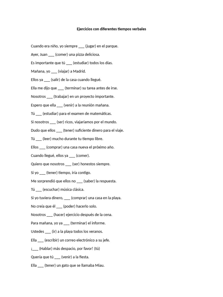 Ejercicios de verbos en español | PDF