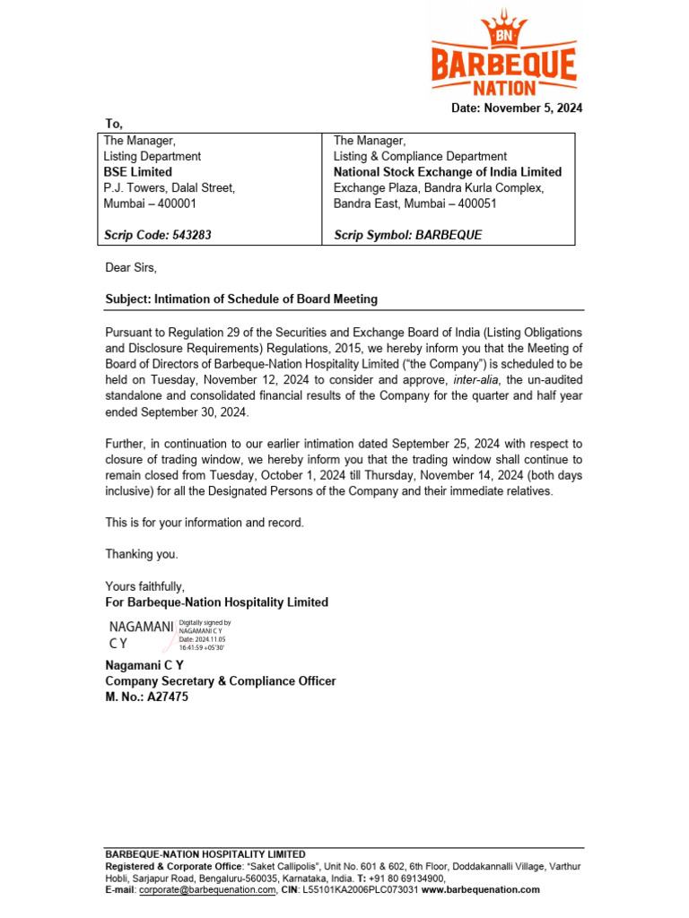 Intimation of Schedule of Board | PDF