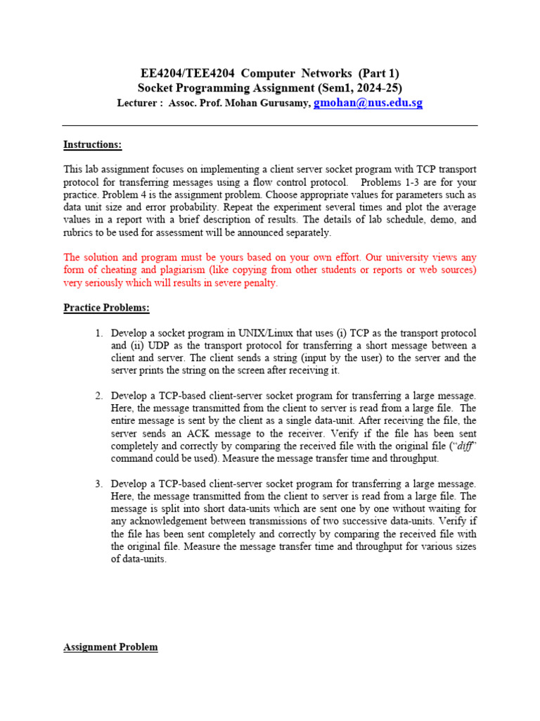 EE4204 Lab Assignment GMohan Aug 2024 | PDF | Transmission Control Protocol | Network Socket