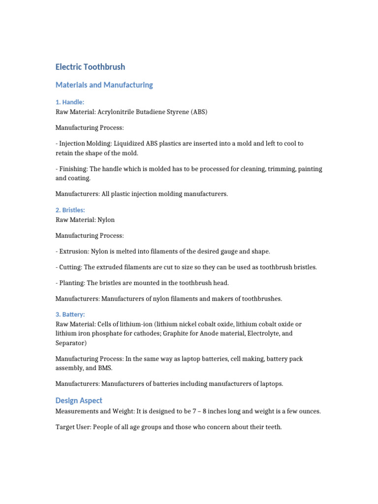 Electric Toothbrush Materials & Process | PDF | Toothbrush | Lithium ...
