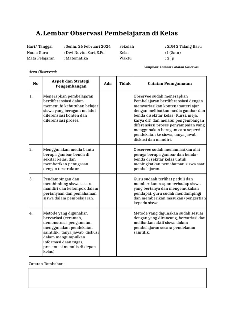 2 - Lembar Observasi Pembelajaran Di Kelas | PDF