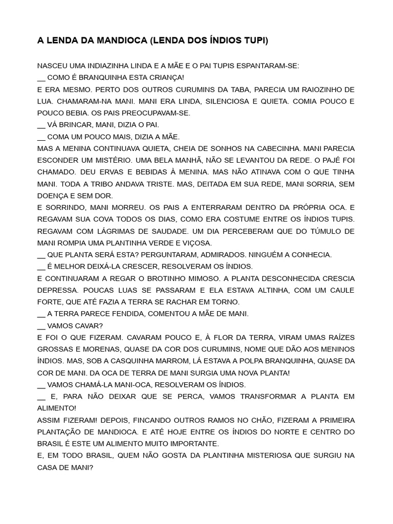 A Lenda Da Mandioca (Lenda Dos Índios Tupi) | PDF