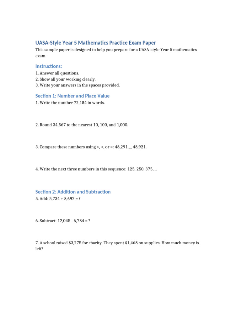 UASA Style Year 5 Maths Practice Exam Paper-1 | PDF
