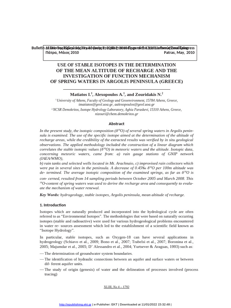 Use of Stable Isotopes in The Determination of The Mean Altitude of Recharge of Spring Waters in ...