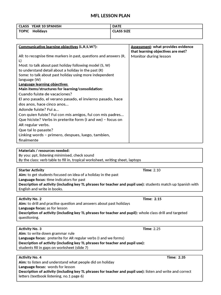Y10 Vacaciones 13 Lessonplan | PDF | Linguistics | Human Communication
