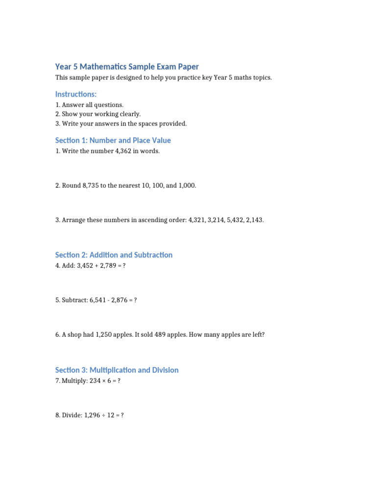 Year 5 Maths Sample Exam Paper-1 | PDF