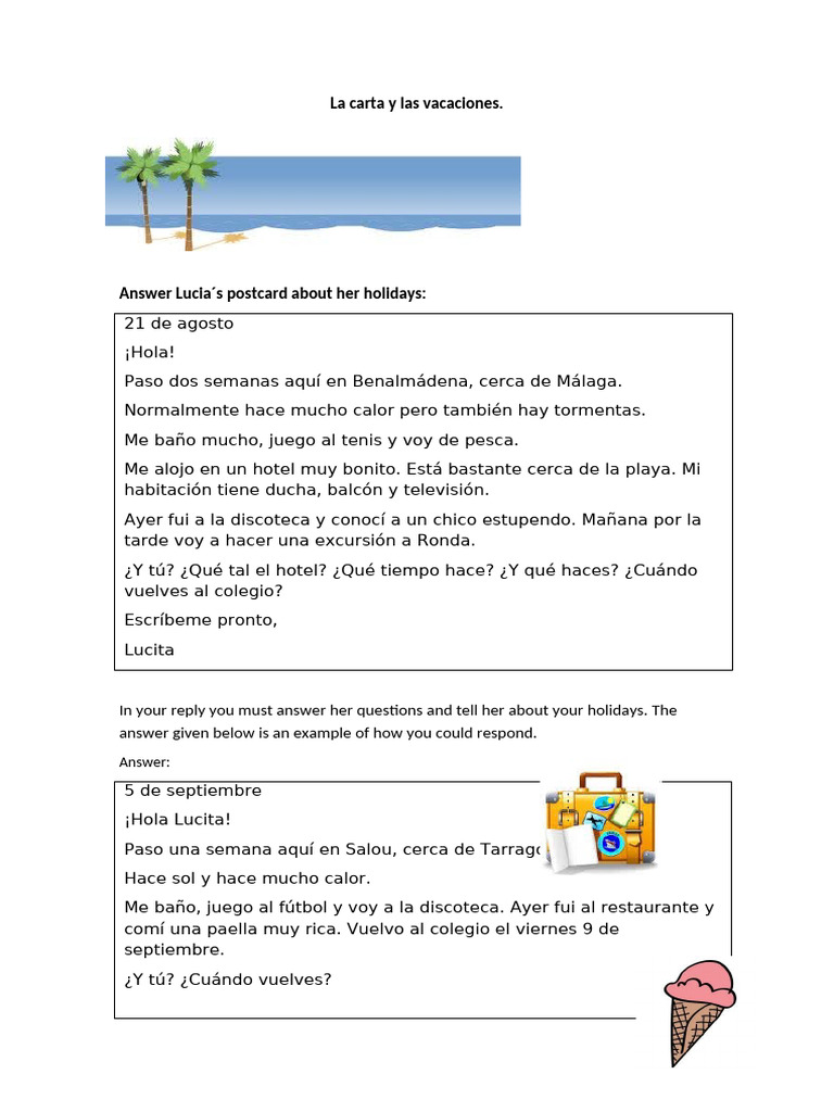 Carta Desde Las Vacaciones Comprension Lectora Hoja de Trabajo - 49325 ...