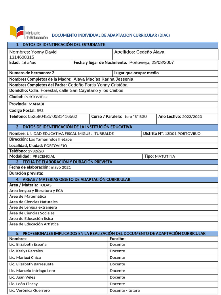 Adaptación Curricular para Yonny Cedeño | PDF | Plan de estudios | Aprendizaje