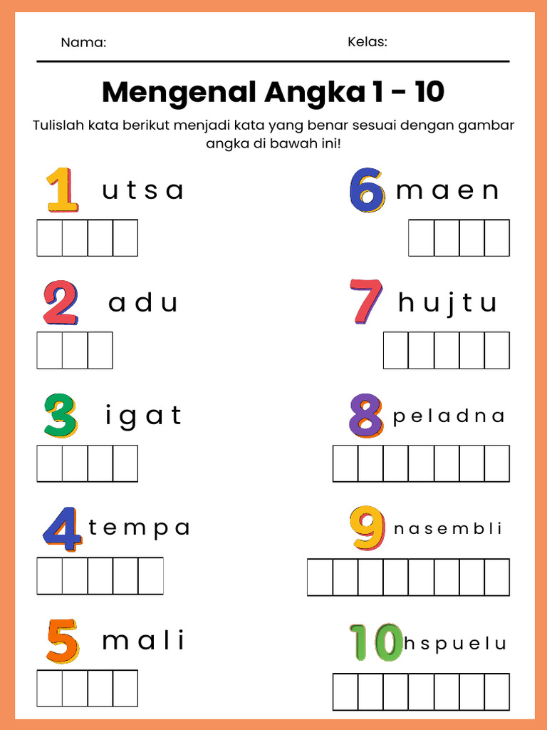 Mengenal Angka 1 - 10 Worksheet Putih Dan Oren Gaya Cat Air | PDF