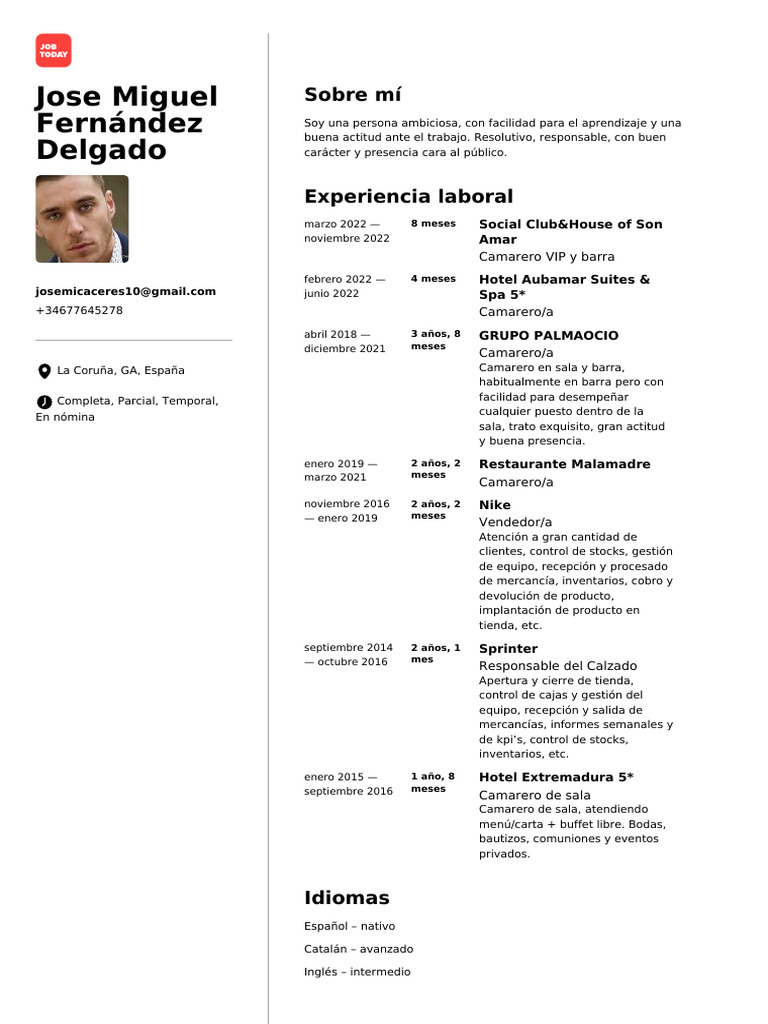 CV JOB TODAY de Jose Miguel | PDF | Camareros