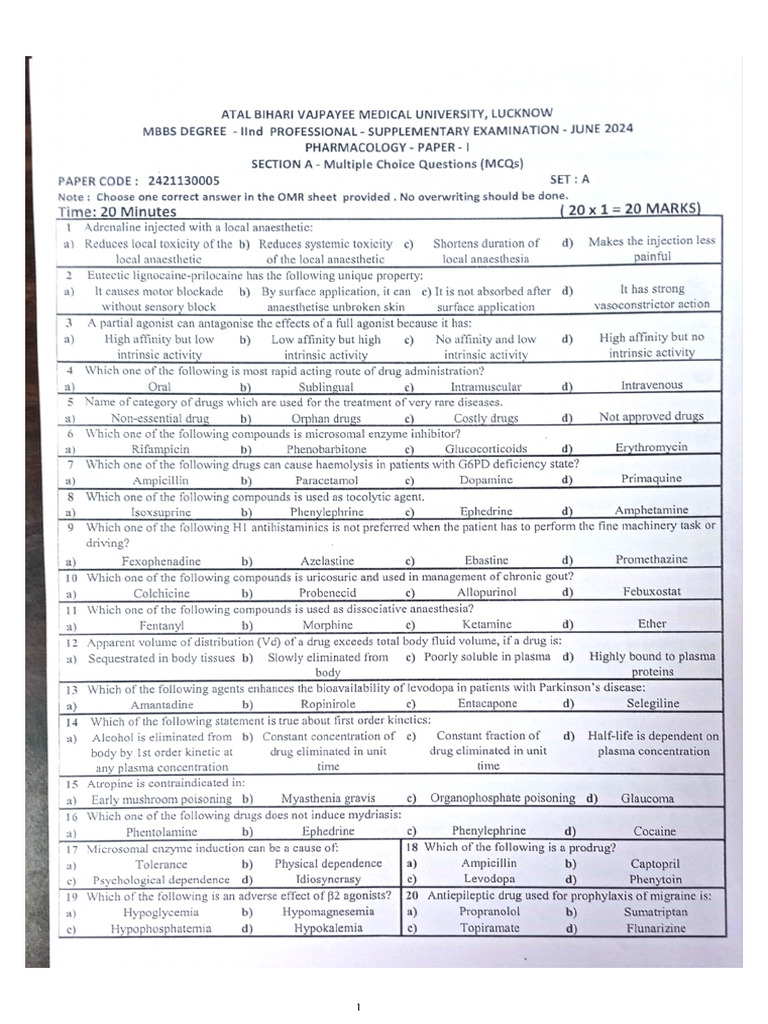 Pharmacology Supple Exam Paper | PDF