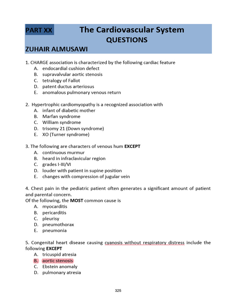 Nelson Mcqs Cardiology Hematology Pdf Congenital Heart Defect
