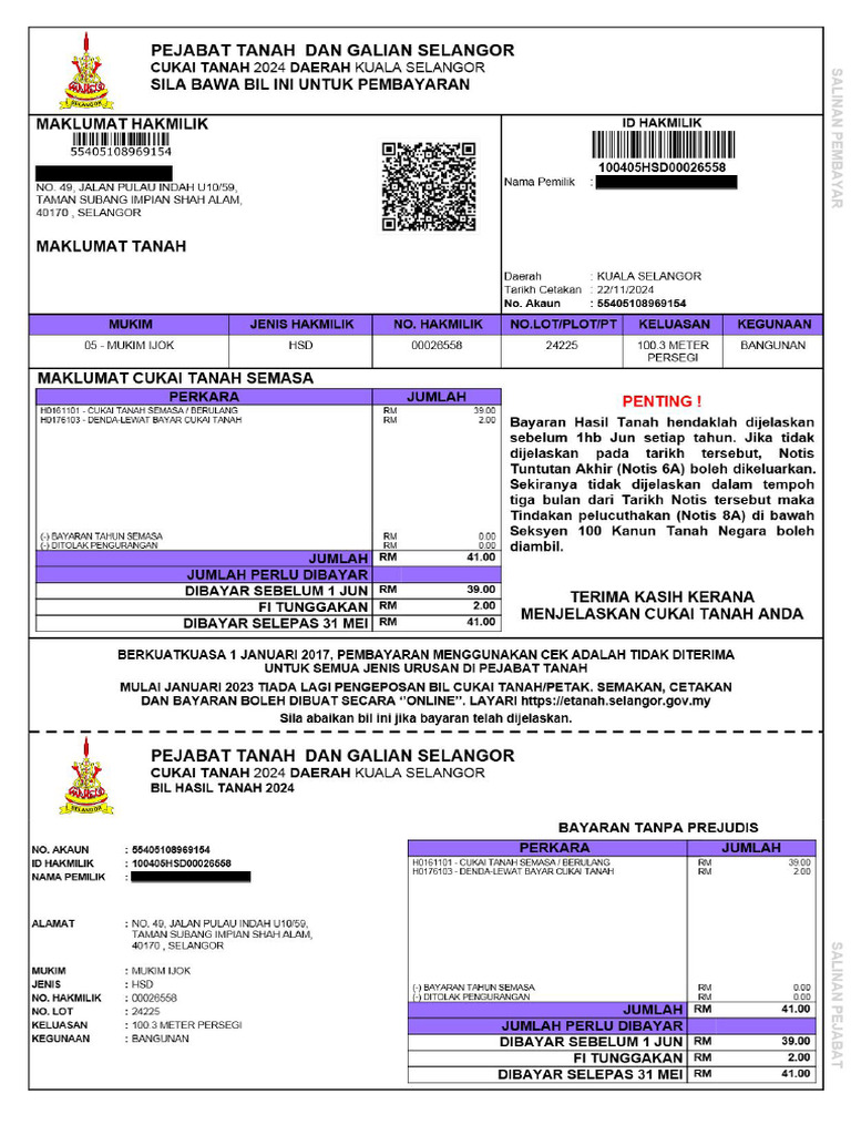 Receipt Cukai Tanah 2024-Redacted | PDF