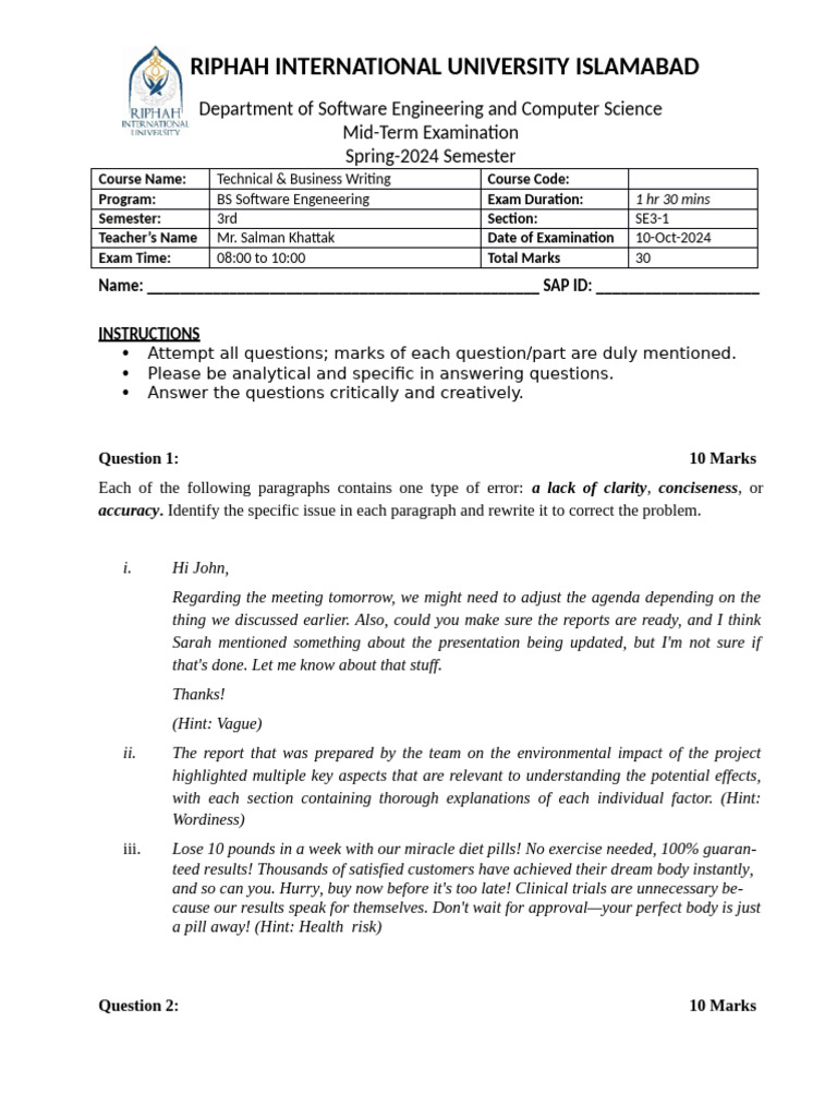 MidTerm TBW SE3-1 Spring 2024 | PDF