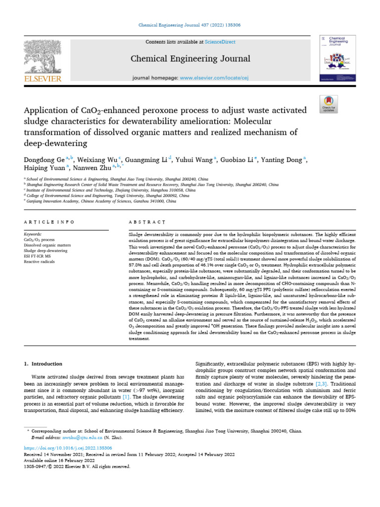 Dongdong 2022 CaO2-enhanced Peroxone Process To Adjust Waste Activated ...