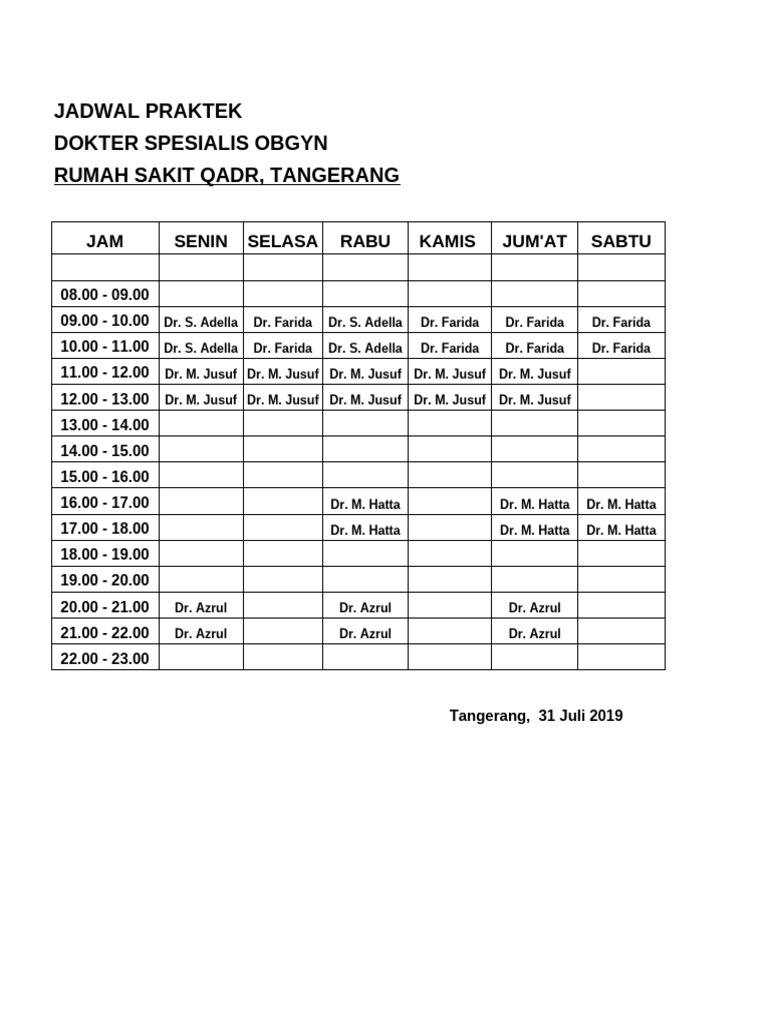 Jadwal Praktek Dr. Obgyn 2021 | PDF