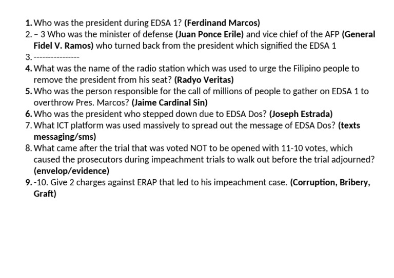 Edsa 1 Edsa Dos Quiz | PDF