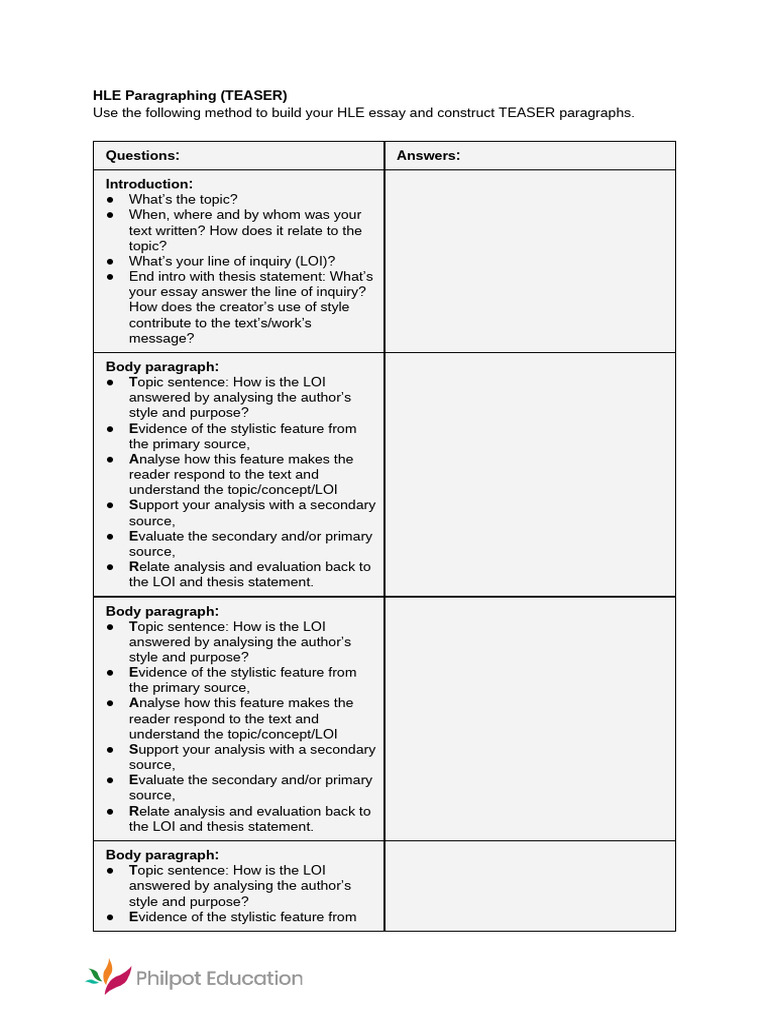 HLE Essay TEASER Paragraph Guide | PDF