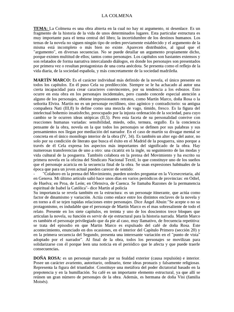Tema y Personajes (La Colmena) | PDF | Novelas