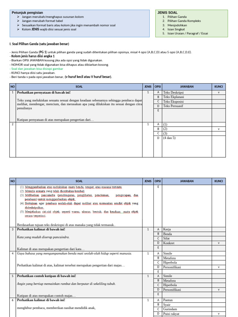 Template Soal Bahasa Indonesia SAS - BINDO | PDF