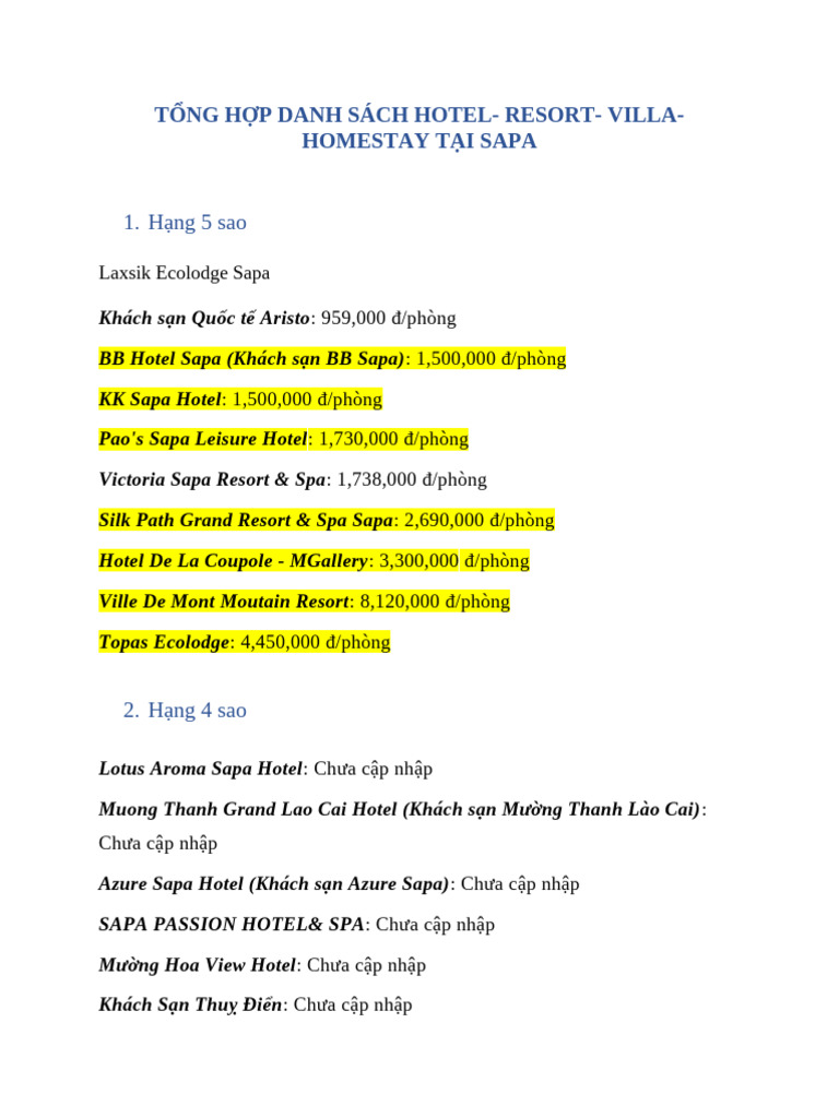 T NG H P Danh Sách Sapa | PDF