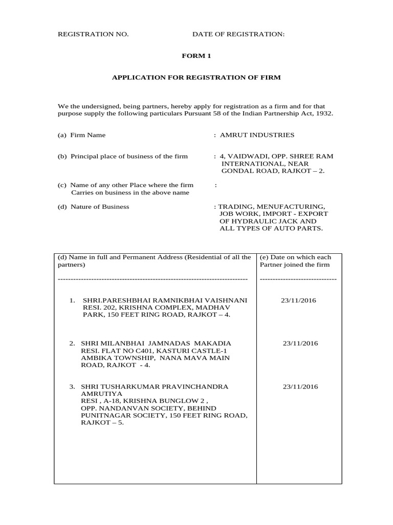 Application for Firm Registration: Amrut Industries | PDF