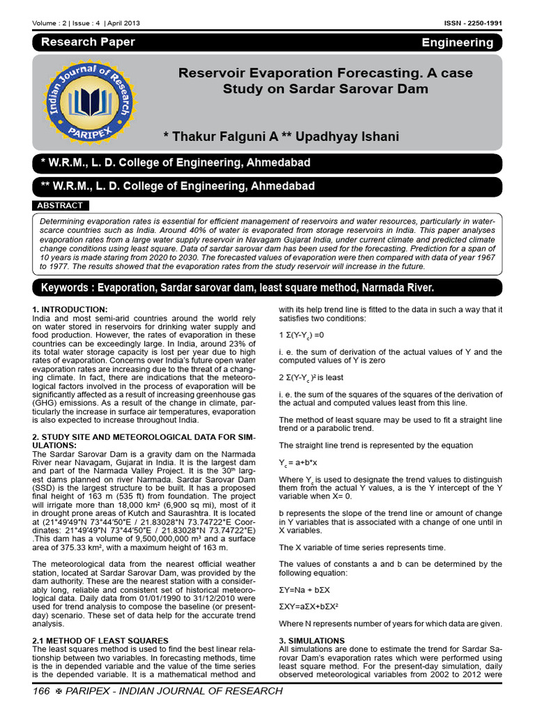 Reservoir Evaporation Forecasting A Casestudy On Sardar Sarovar Dam - April - 2013 - 0596919348 ...