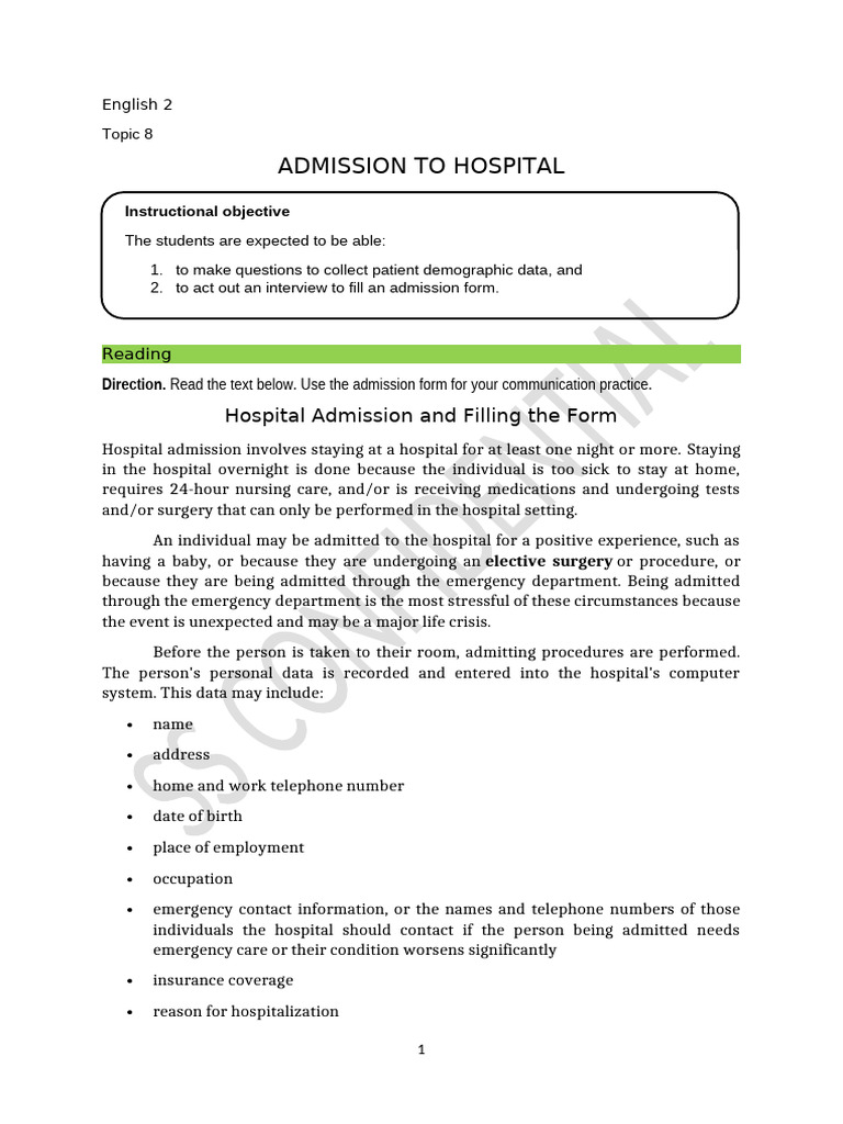 English 2 - Topic 8 Admission To Hospital | PDF | Hospital | Emergency ...