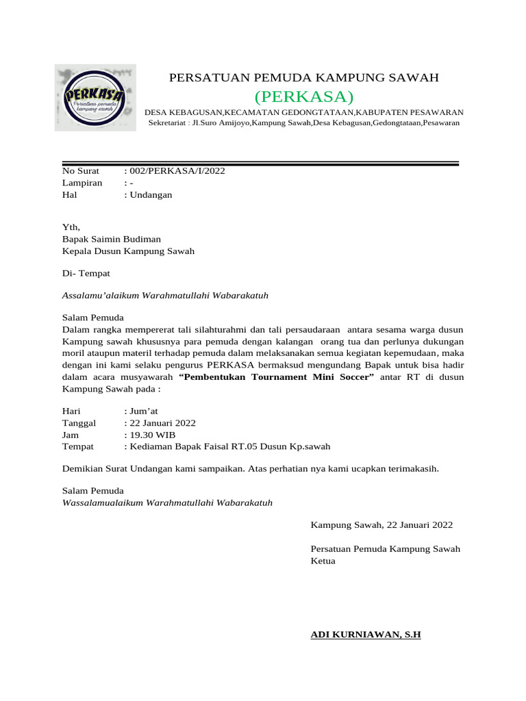 Undangan Tournament Mini Soccer Kampung Sawah | PDF