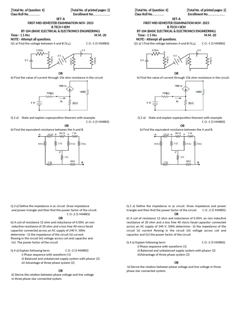 BT-104 BEEE Mid Sem-I Question Paper | PDF | Electrical Impedance ...