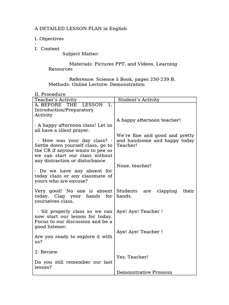 A Detailed Lesson Plan in English | PDF
