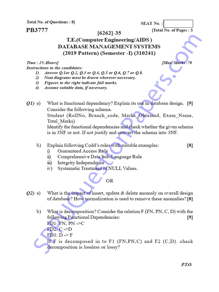 Be - Computer Engineering - Semester 5 - 2024 - May - Database Management Systems Dms Pattern ...