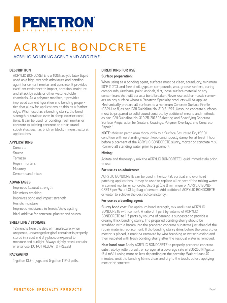 ACRYLIC BONDCRETE Data Sheet | PDF | Concrete | Mortar (Masonry)