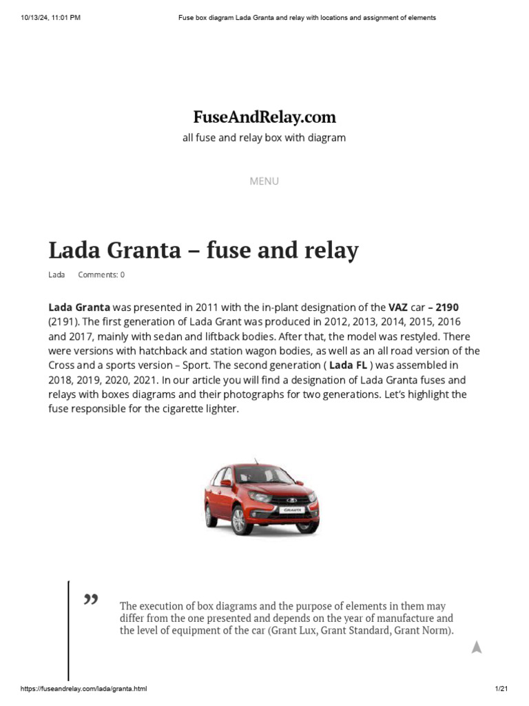 Fuse Box Diagram Lada Granta and Relay With Locations and Assignment of ...