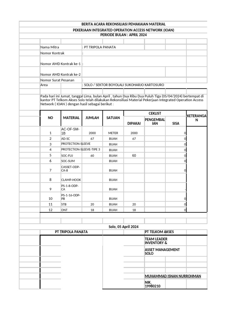 Rekonsiliasi Material PT Tripola Panata | PDF