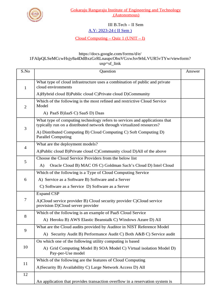 Cloud Computing - Quiz 1 (UNIT 1) | PDF | Cloud Computing | Computing
