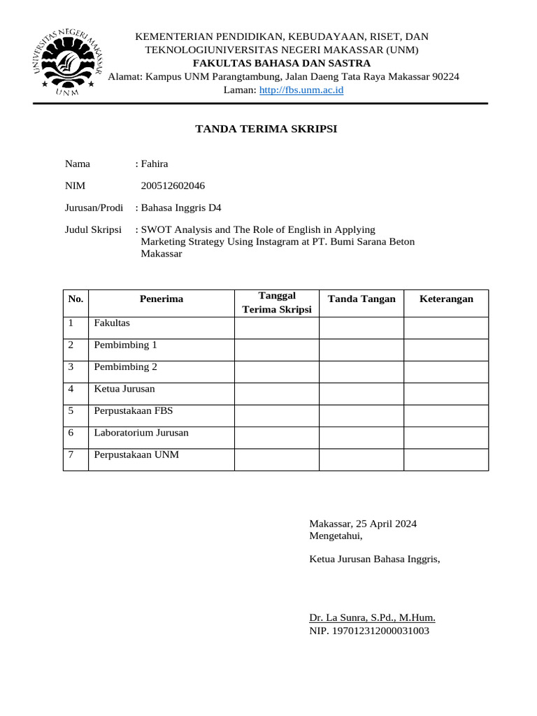Format Tanda Terima Skripsi | PDF