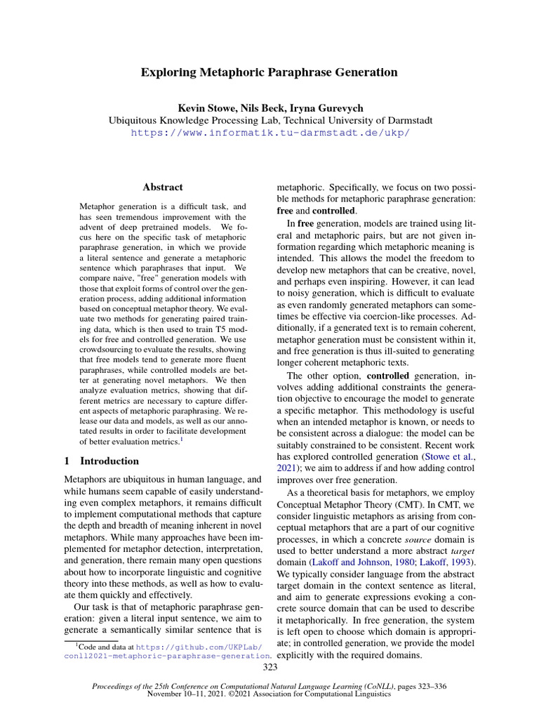 Exploring Metaphoric Paraphrase Generation | PDF | Metaphor | Cognitive Science