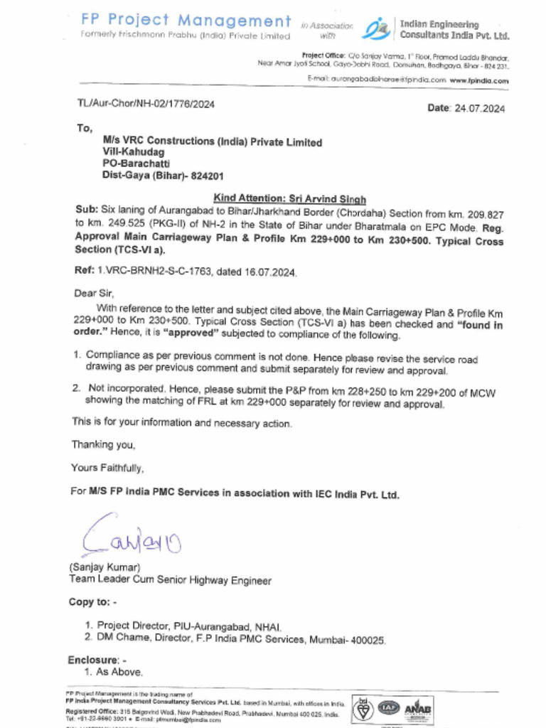 1776 Approval of Main Carriageway Plan Profile KM 229+000 To KM 230+500 ...