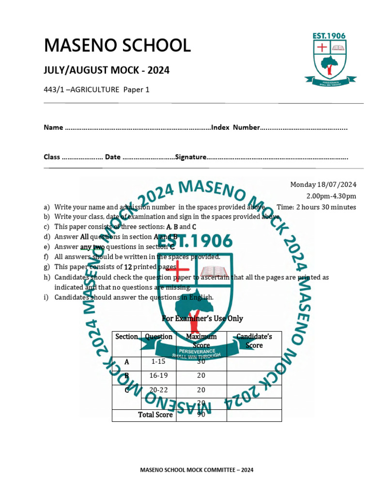 2024 Maseno Mock AGRICULTURE PAPER 1 MOCK 2024 | PDF | Agriculture ...